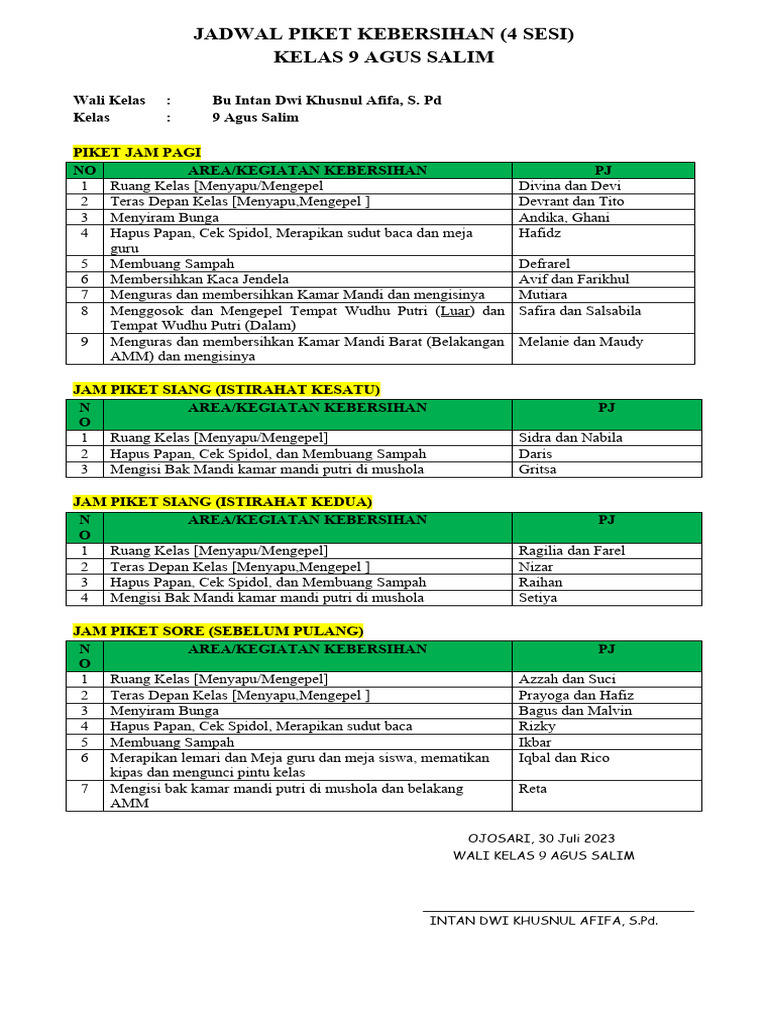 Jadwal Piket Kebersihan Kelas 9a | PDF