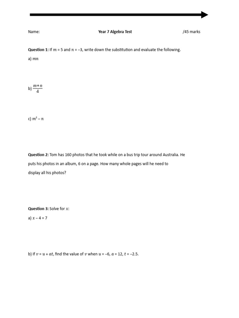 Year 7 Algebra Test Questions | PDF | Equations | Elementary Mathematics