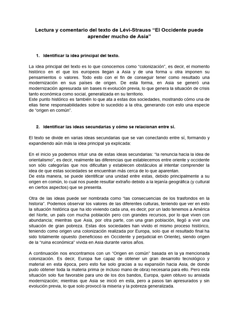 Lectura y Comentario Del Texto de Lévi-Strauss "El Occidente Puede Aprender Mucho de Asia" | PDF