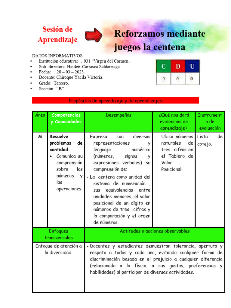 Reforzamos La Centena Sesión | PDF | Aprendizaje | Cognición