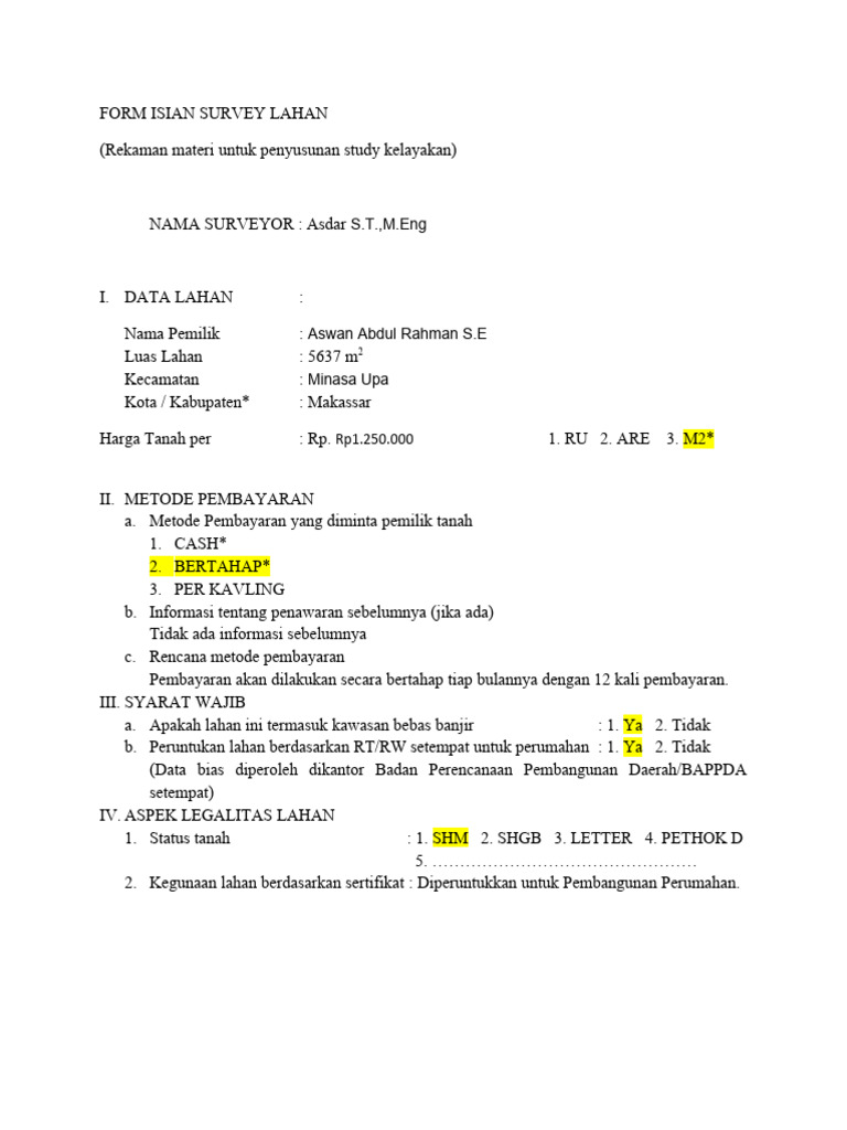 DPI - Form Isian Survey Lahan Asdar | PDF