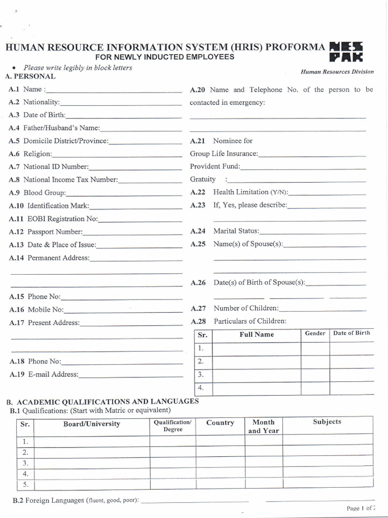 HRIS-PROFORMA (for Newly Inducted Employees) | PDF