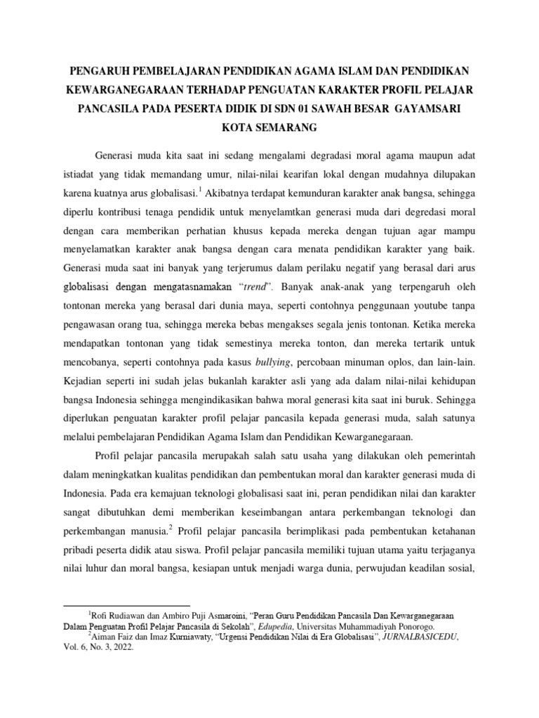 Pengaruh Pembelajaran Pendidikan Agama Islam Dan Pendidikan Kewarganegaraan Terhadap Penguatan ...