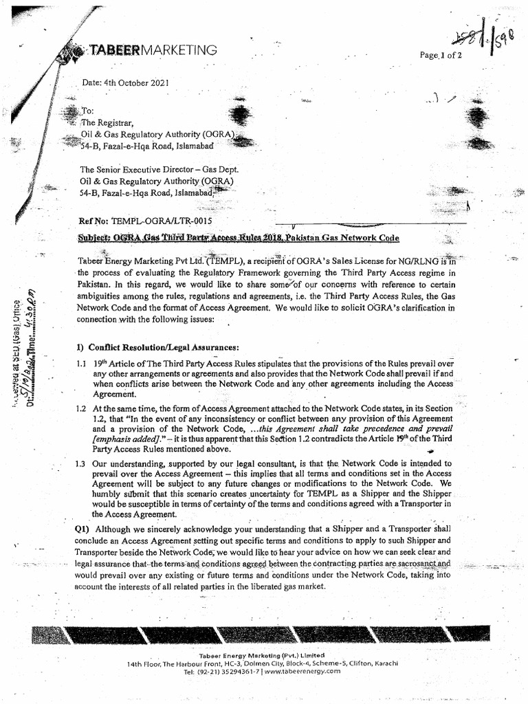 Proposals For Modification in Pakistan Gas Network Code PGNWC Tabeer Marketing | PDF