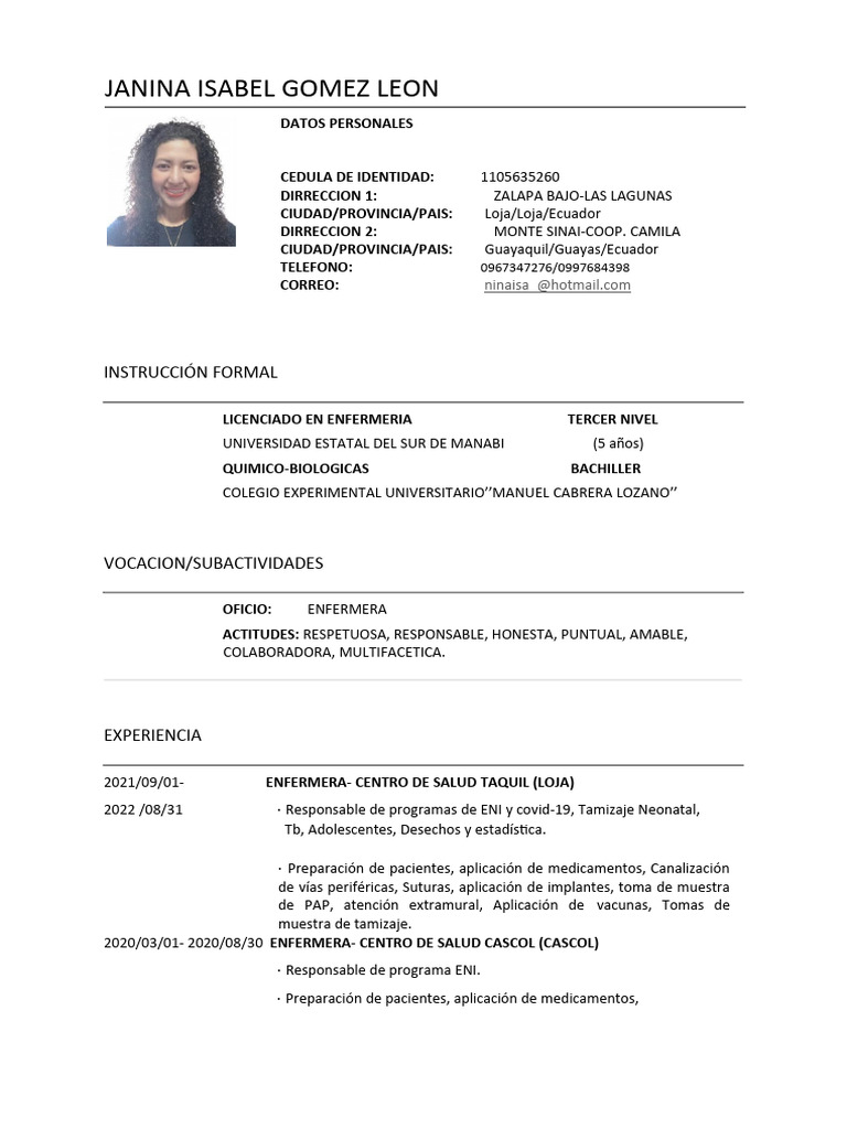 Hoja de Vida Janina Gomez .G. | PDF | Enfermería | Medicina CLINICA