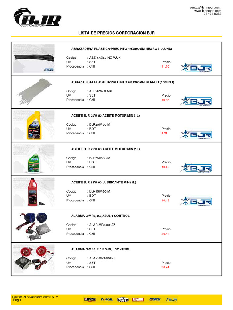 Lista de Precios Productos BJR | PDF