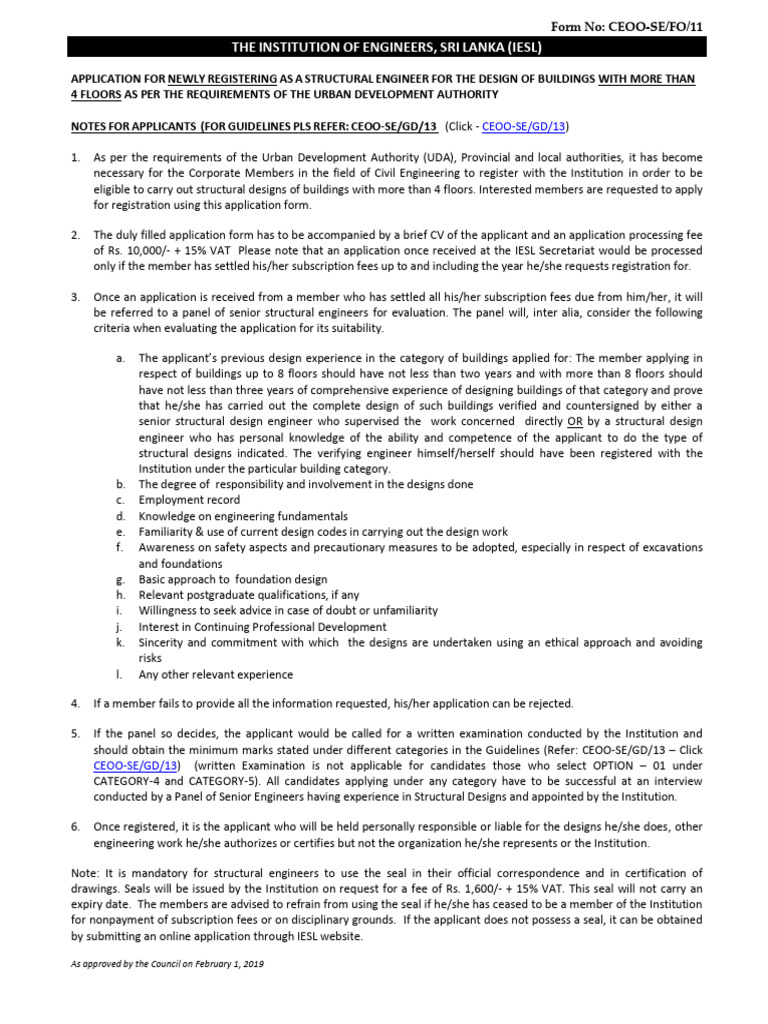 Application Form For Registering As A Structural Engineer FORM CEOO-SE ...