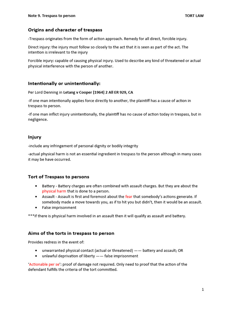 Note 9. Trespass to person | PDF | Trespass | Negligence