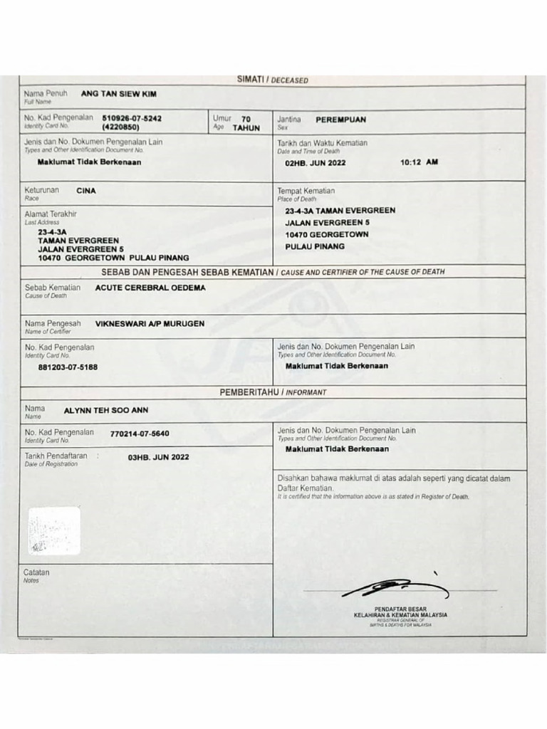 Teh Siew Kim Death Certificate | PDF
