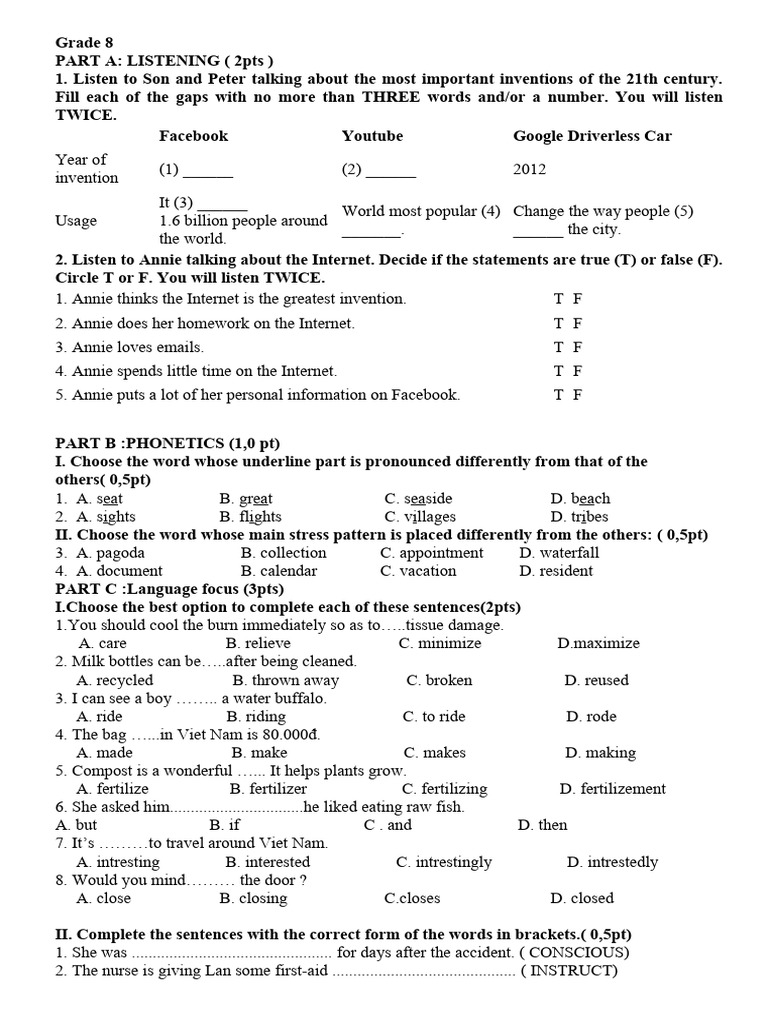 De Thi Cuoi Hk2 Tieng Anh 8 de 1 | PDF
