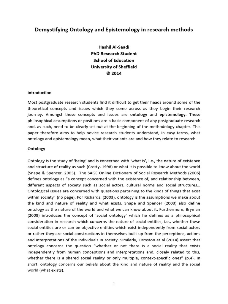 Al-Saadi - Demystifying Ontology and Epistemology in Research | PDF ... Al-Saadi - Demystifying Ontology and Epistemology in Research | PDF ...