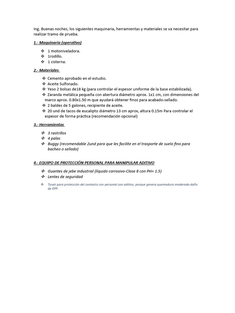 Lista Herramientas de EPP - Procesos Constructivo Estabilizado | PDF