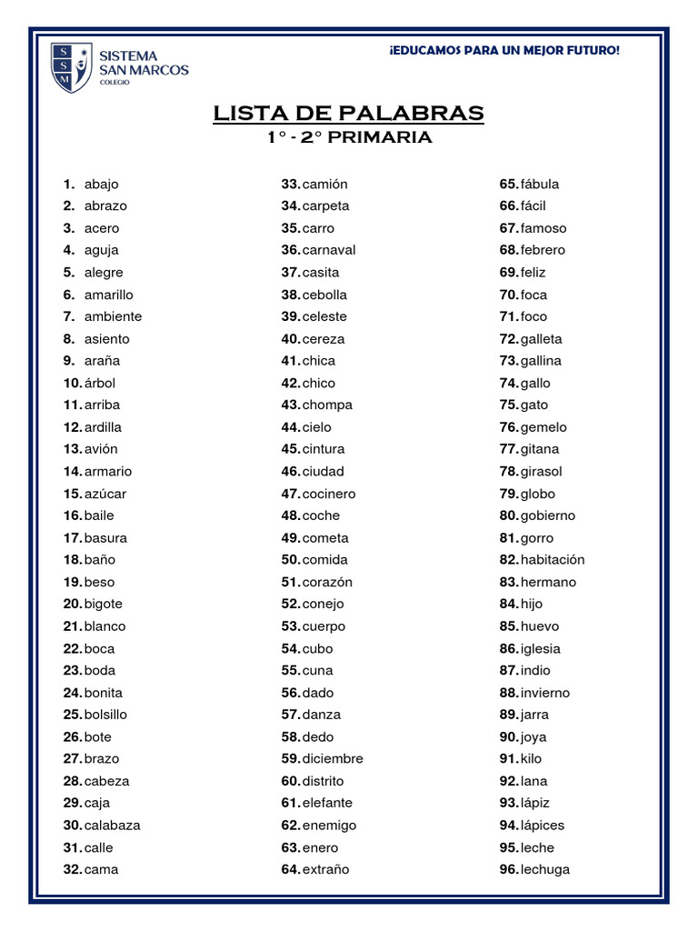 Lista de Palabras para Dictado Escolar | PDF