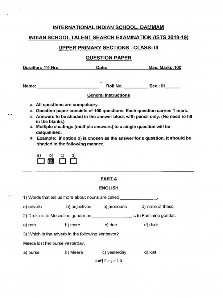 Class 3 Sample Q Paper | PDF