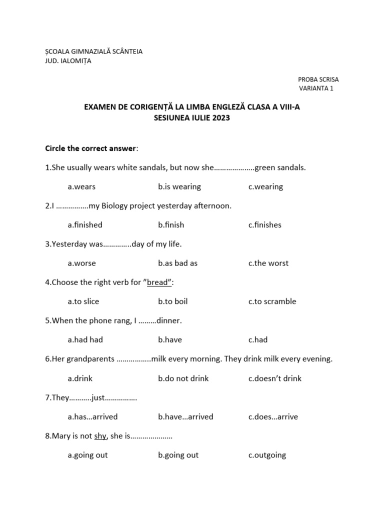 Subiecte examen-de-corigenta-la-limba-engleza-cls-VIII | PDF | Cuisine | Foods