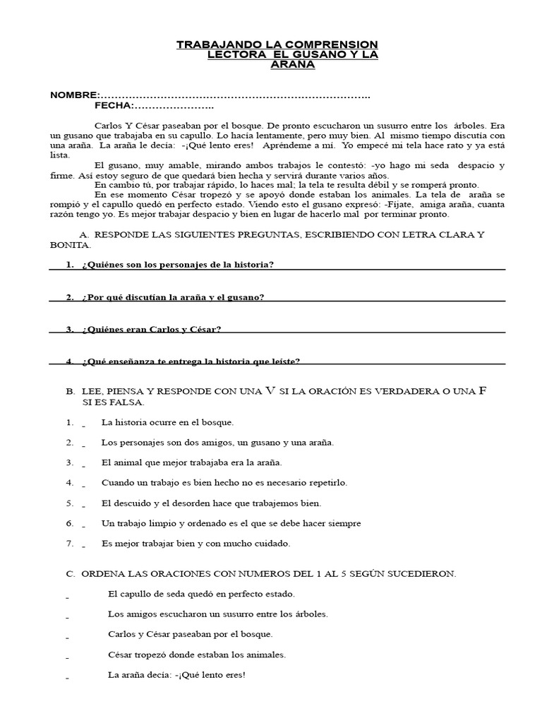 Guia de Comprensión Lectora Segundo Básico (Ejercicios de Comprensión ...