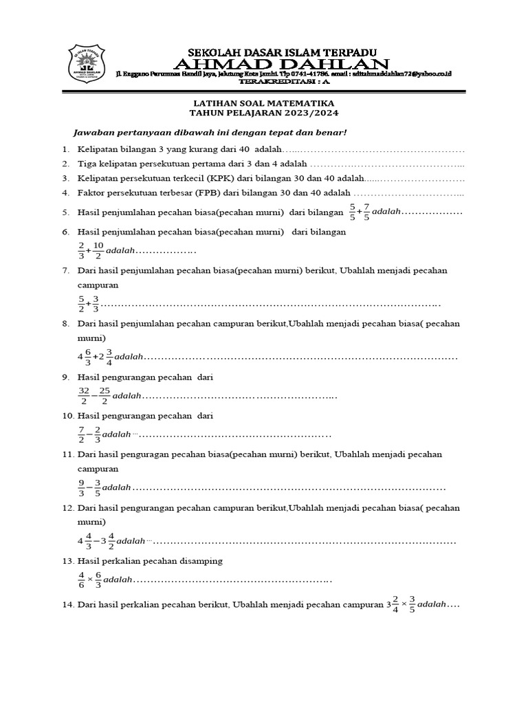 Latihan Soal Matematika Bab 1 Dan 2 TP 2023-2024 | PDF