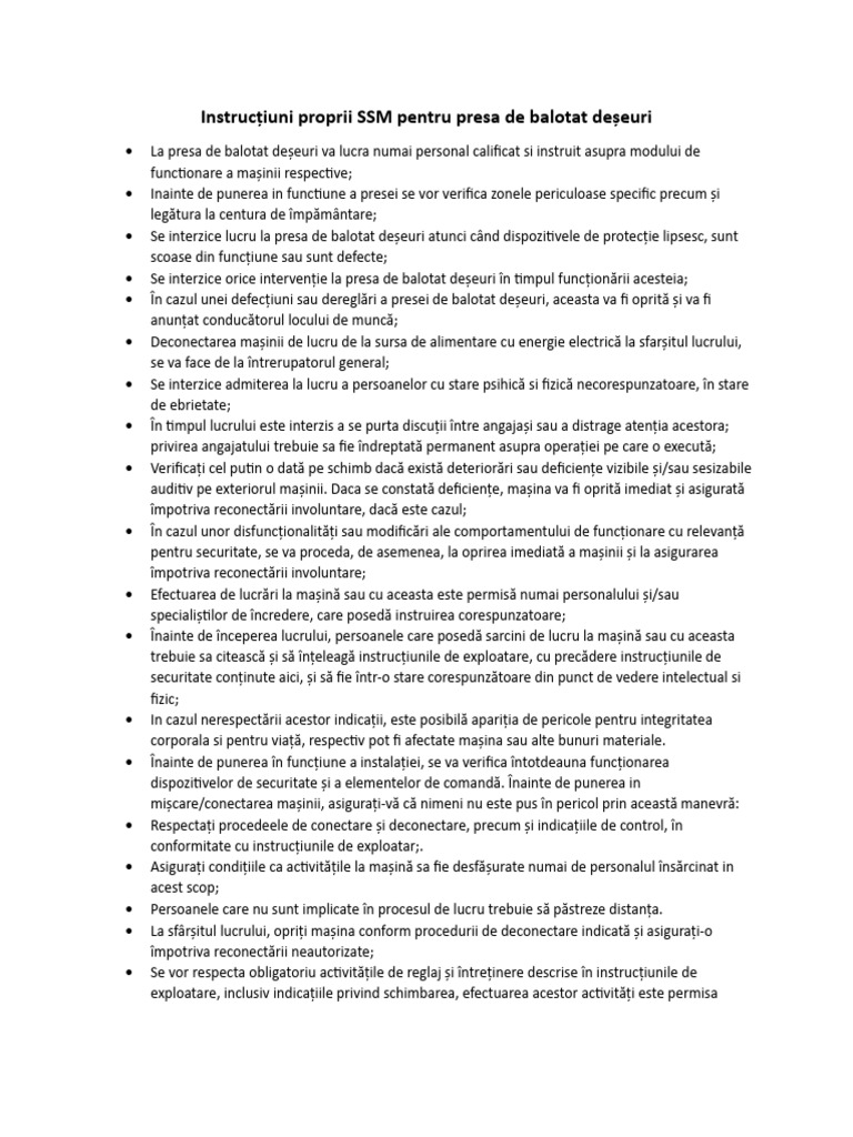 Instrucțiuni Proprii SSM Pentru Presa de Balotat Deșeuri | PDF