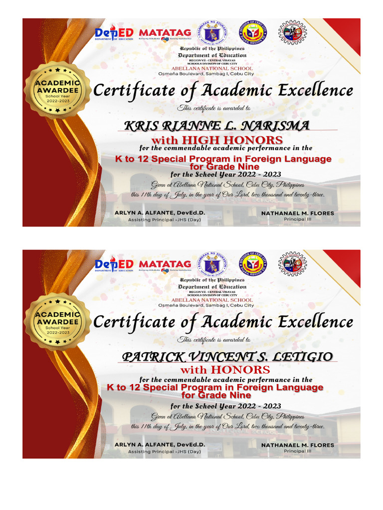 Grade9KIN SPFL Academic Excellence SY 22 23 | PDF