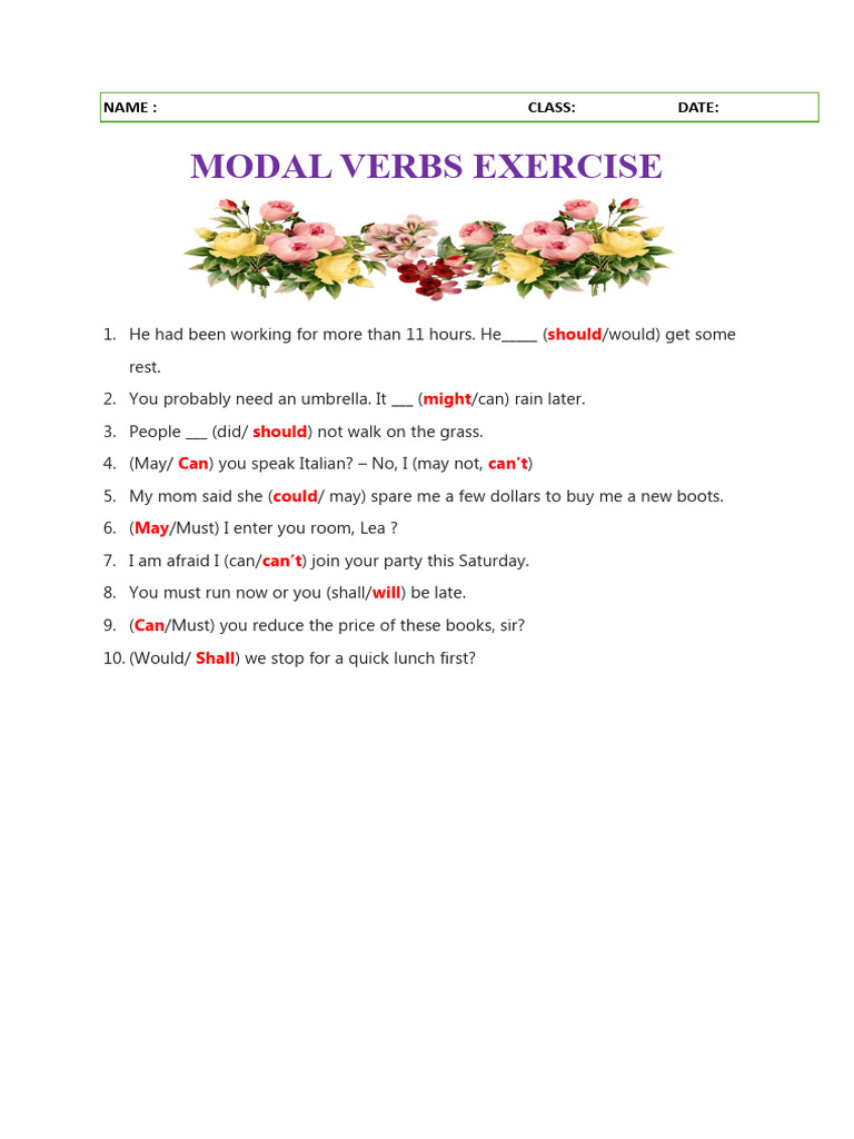 Modal Verbs Exercise | PDF