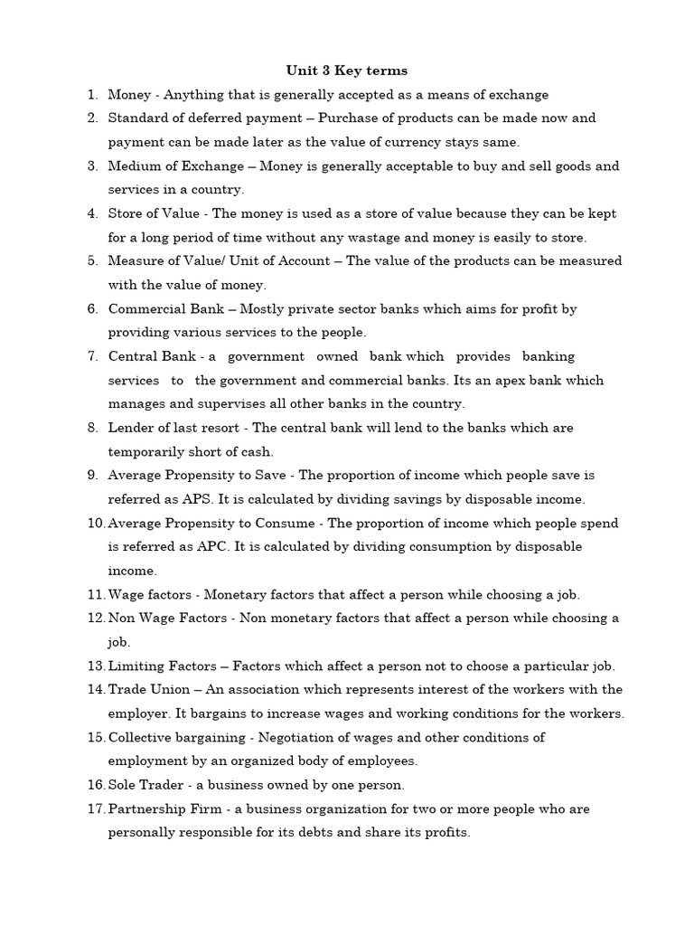 IGCSE Economics Unit 3 Keyterms | PDF | Money | Output (Economics)