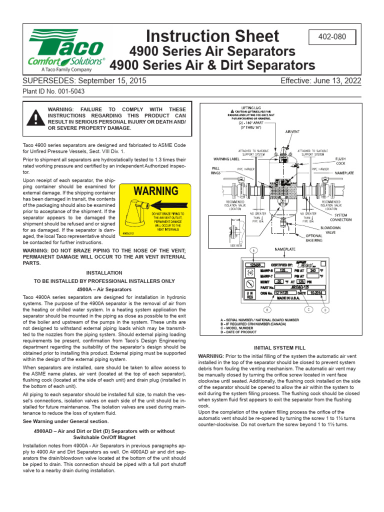 Taco 4900 Series Air & Dirt Separators Manual | PDF