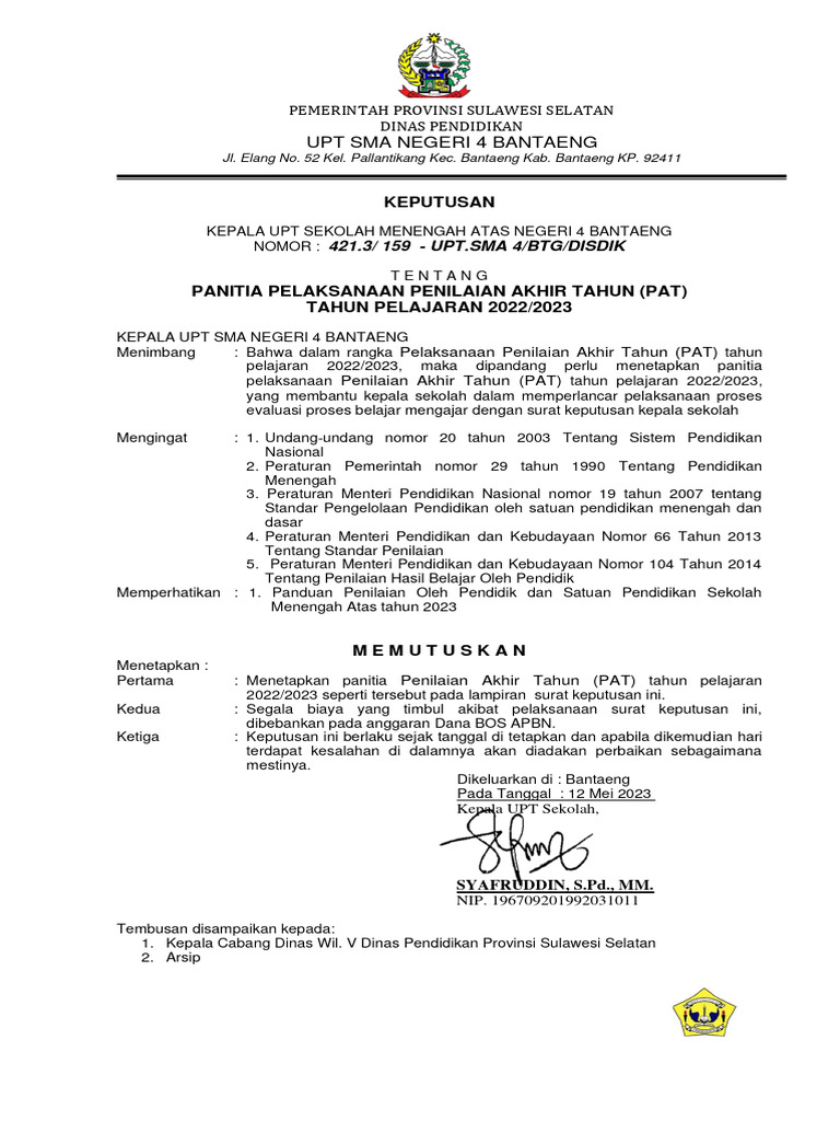 SK Panitia Penilaian Akhir Tahun 2022 2023 Mei | PDF