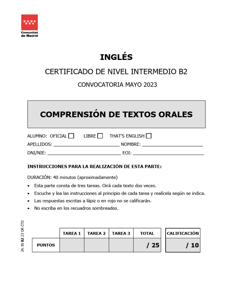 Examen EOI Inglés B2.2 Madrid - Mayo 2023 24. IN B2 23 MAY CTO | PDF | Sleep | Psychological ...