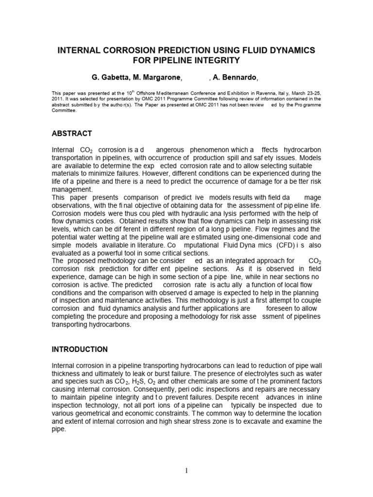 Internal Corrosion Prediction Using Fluid Dynamics For Pipeline integrity@OMC-2011-122 | PDF ...