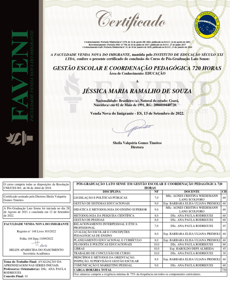 Certificado de Conclusão de Curso - COM FUNDO (Pós-Graduação) - Jessica ...