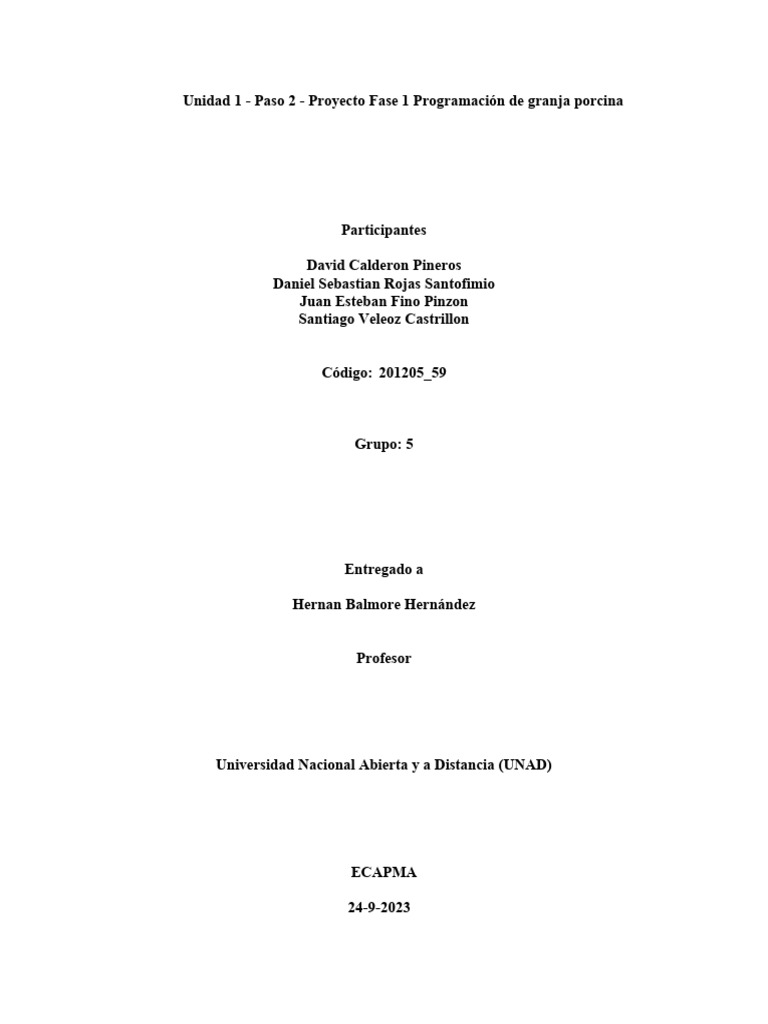 Unidad 1 - Paso 2 - Proyecto Fase 1 Programación de Granja Porcina | PDF | Salud y bienestar