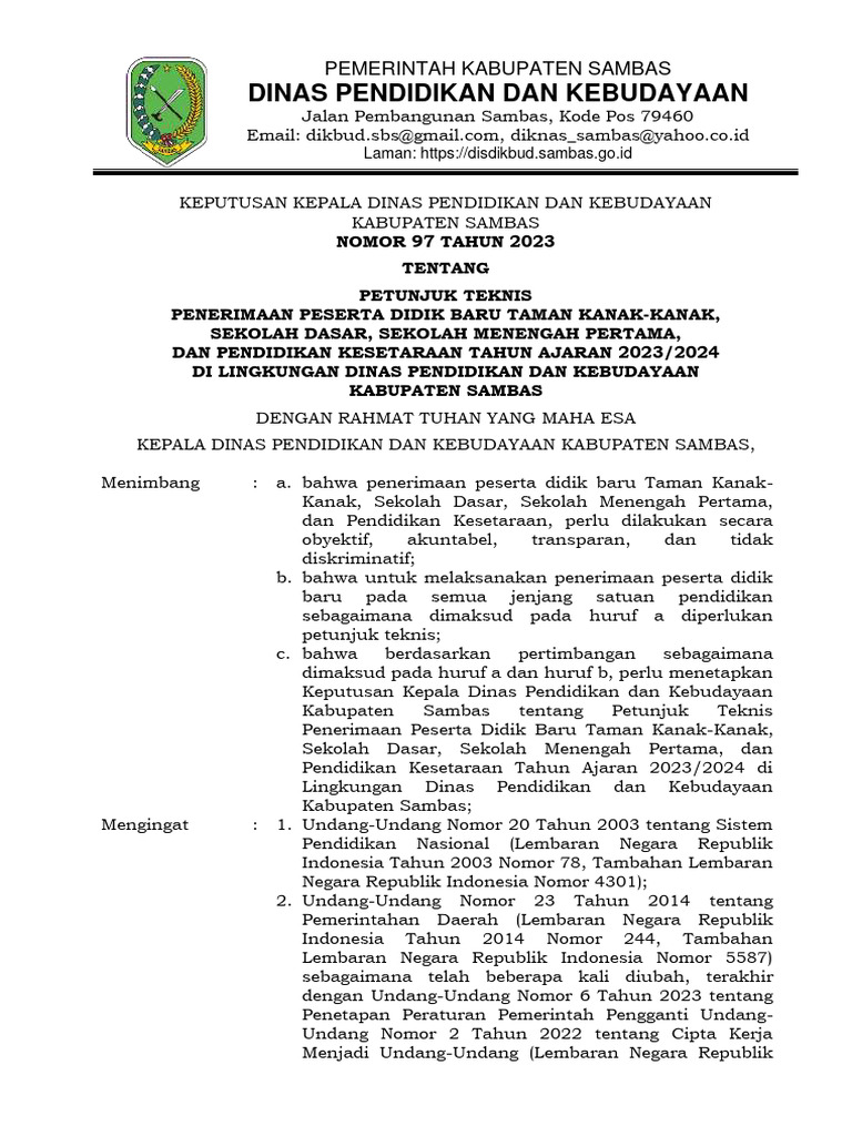Juknis PPDB 2023-2024 Dikdaya Kab. Sambas - Tanpa Cover | PDF