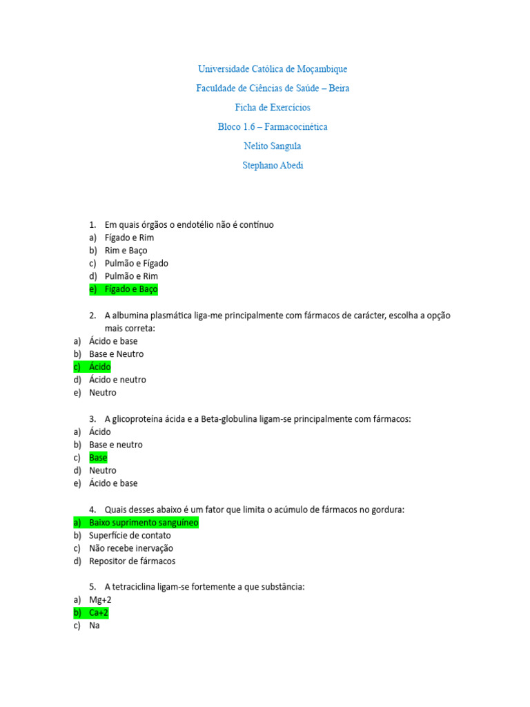 Exercícios de Farmacocinética | PDF | Biodisponibilidade | Farmacocinética