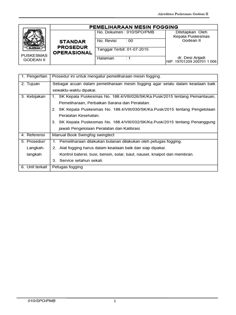 Prosedur Pemeliharaan Mesin Fogging | PDF