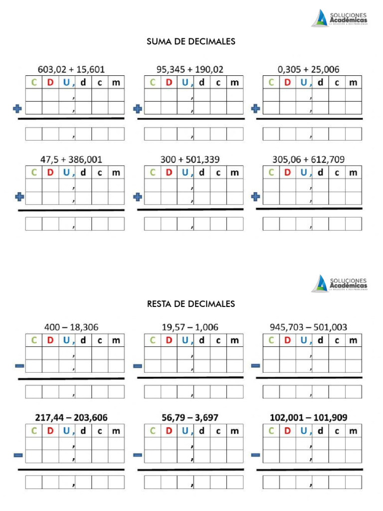 Suma y Resta de Decimales | PDF