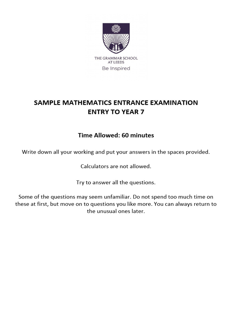 Year 7 Entrance Exam Sample Papers | PDF