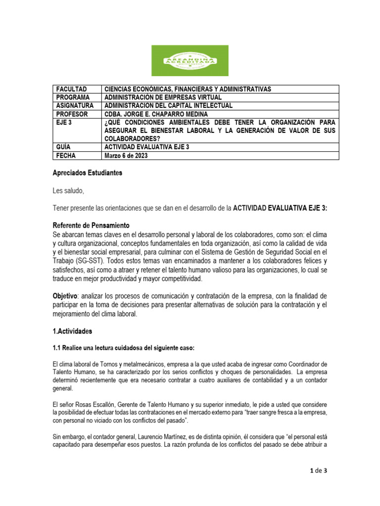 Guía Actividad Evaluativa Eje 3 Administración Del Capital Intelectual (Marzo 6 de 2023) - 3 | PDF