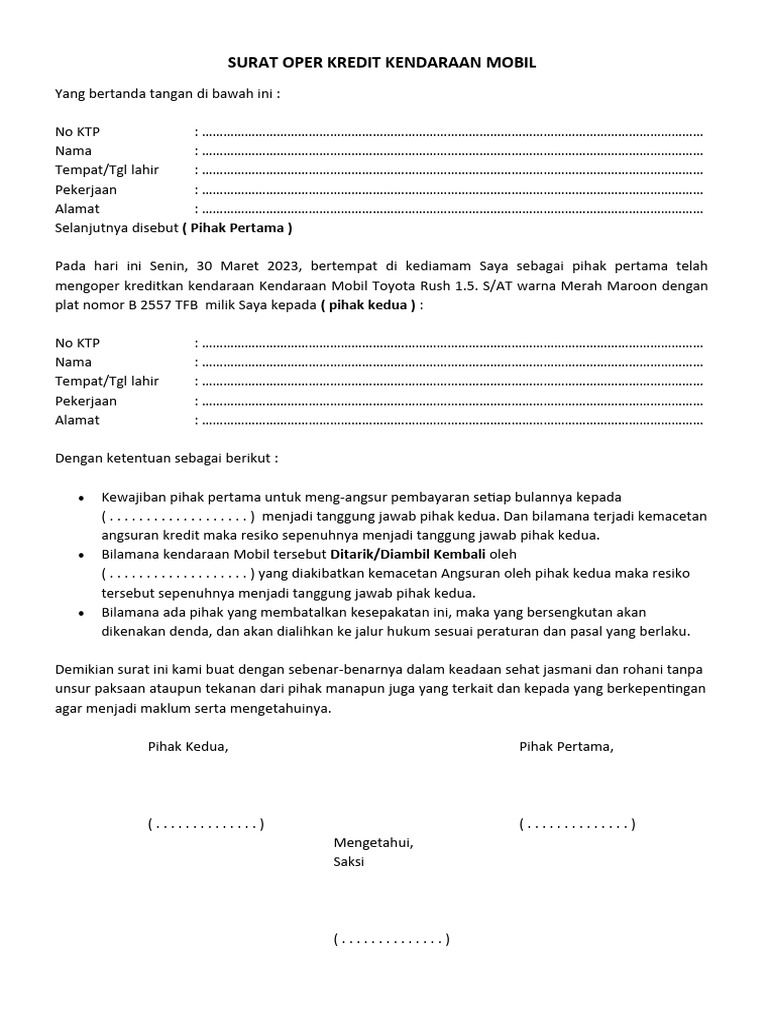 Surat Perjanjian Oper Kredit Motor | PDF