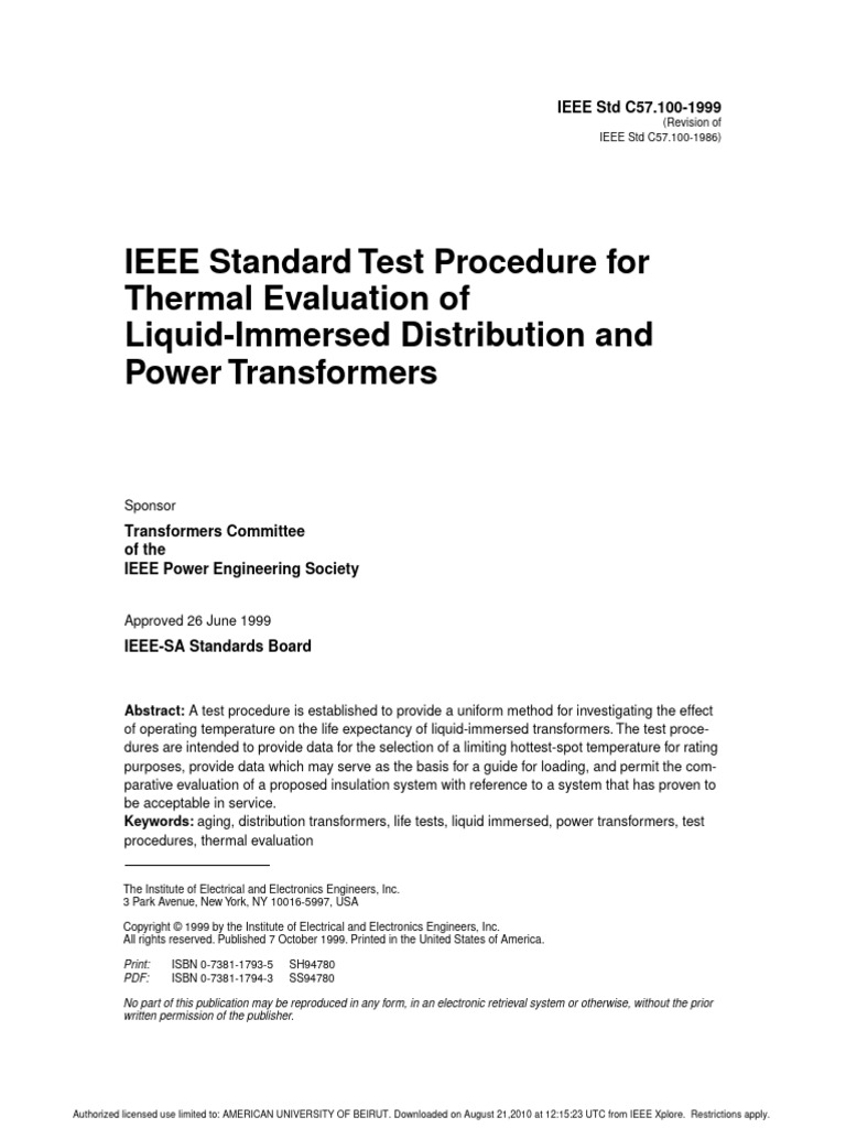 IEEE Standard Test Procedure For Thermal Evaluation of Liquid-Immersed ...