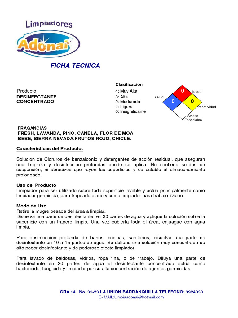 Ficha Tecnica Del Desinfectante 6 | PDF | Agua | Detergente