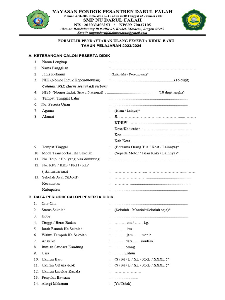 Formulir Daftar Ulang 2023-2024 | PDF