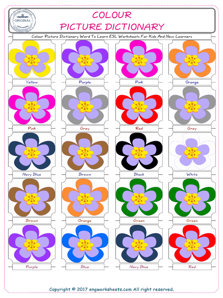 Colour Picture Dictionary Word To Learn ESL Worksheets For Kids and New ...