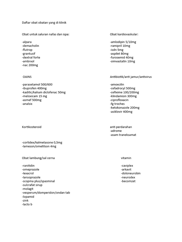 Daftar Obat Obatan Yang Di Klinik Pdf