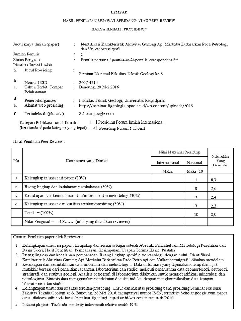 Lembar Penilaian Proceeding Nasional Geologi 3 2016 | PDF