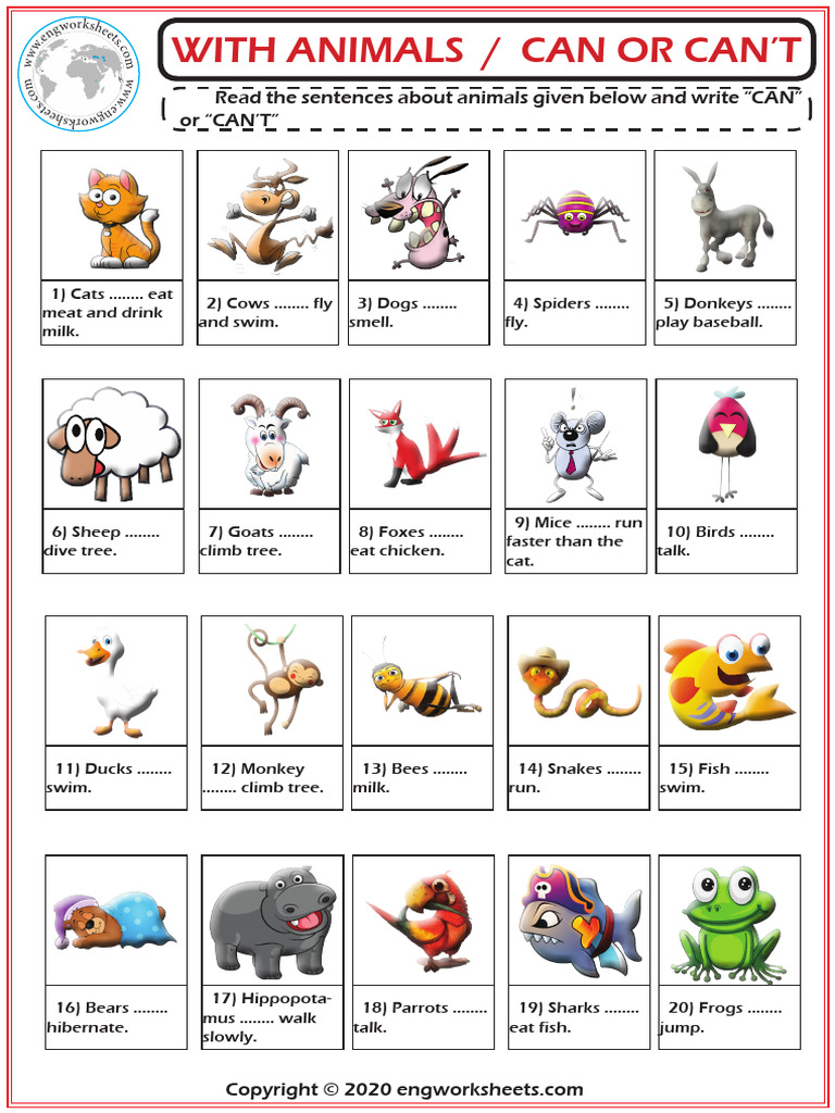 4nZVvPNvkO Can or Cant Esl Worksheet With Animals Vocabulary For Kids ...