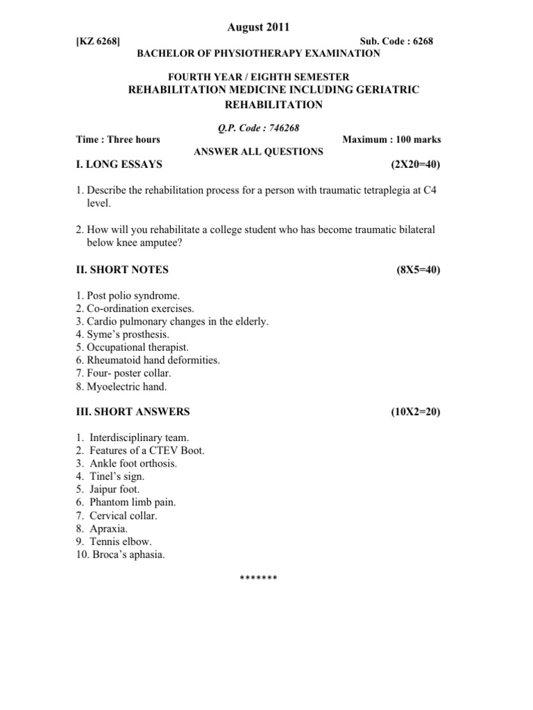 BPT Rehabilitation Medicine Exam Papers | PDF | Physical Therapy ...