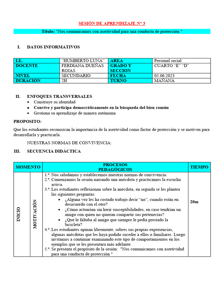 Sesion de Aprendizaje - La Asertividad | PDF