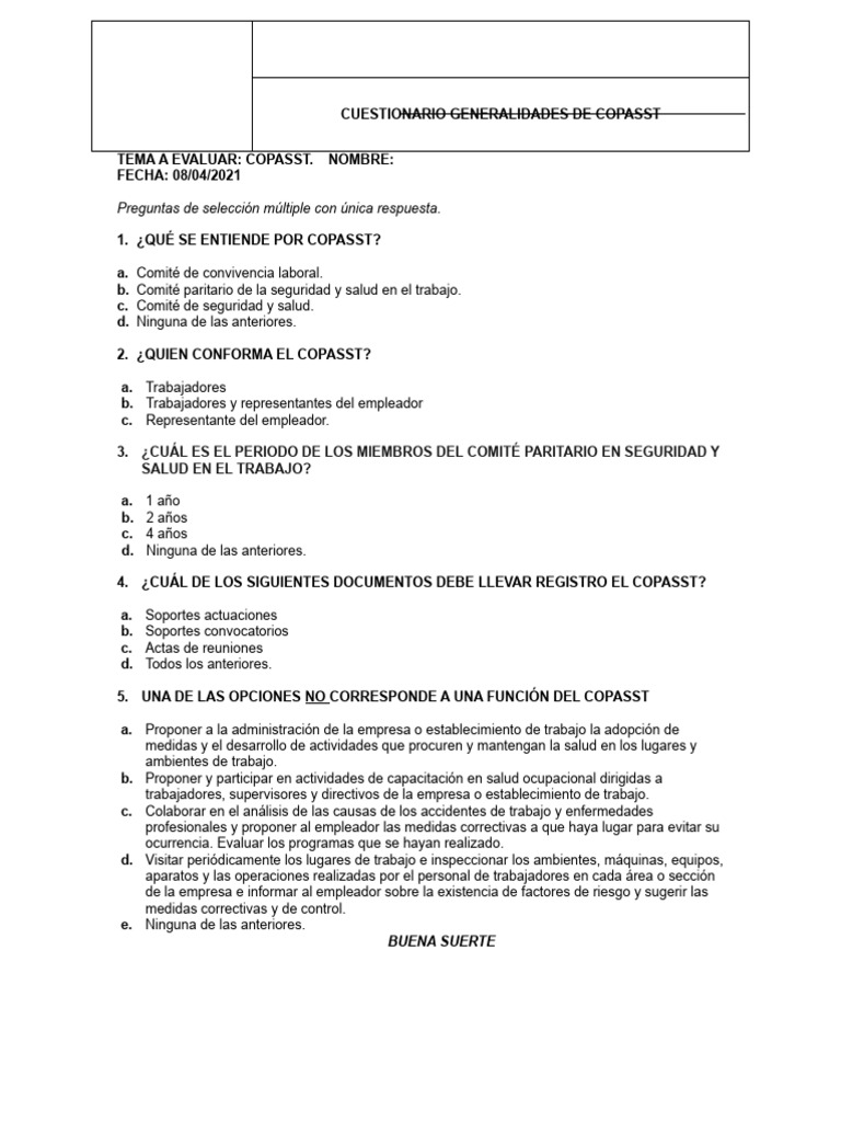 Cuestionario Copasst | PDF