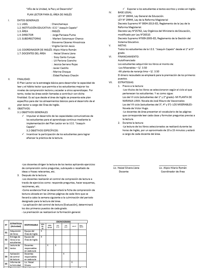 Plan Lector de Inglés en I.E.E. Joaquín Capelo | PDF | Comunicación ...