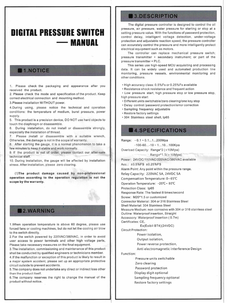 XZT 230PSI-NPT Digital Pressure Switch Controller Manual | PDF